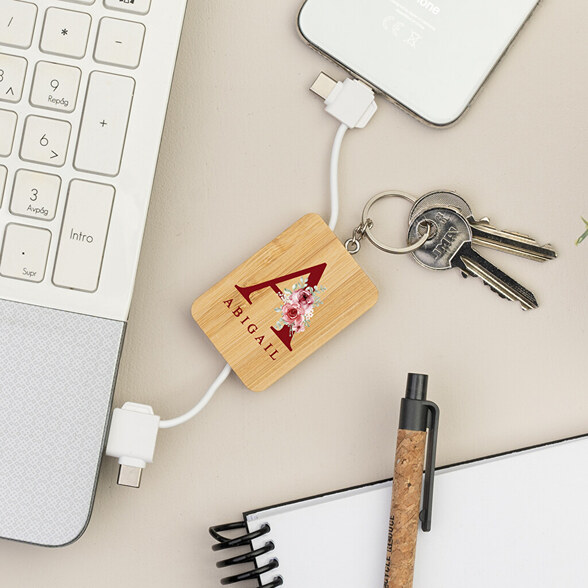 Personalised bamboo key ring charger | Wanapix